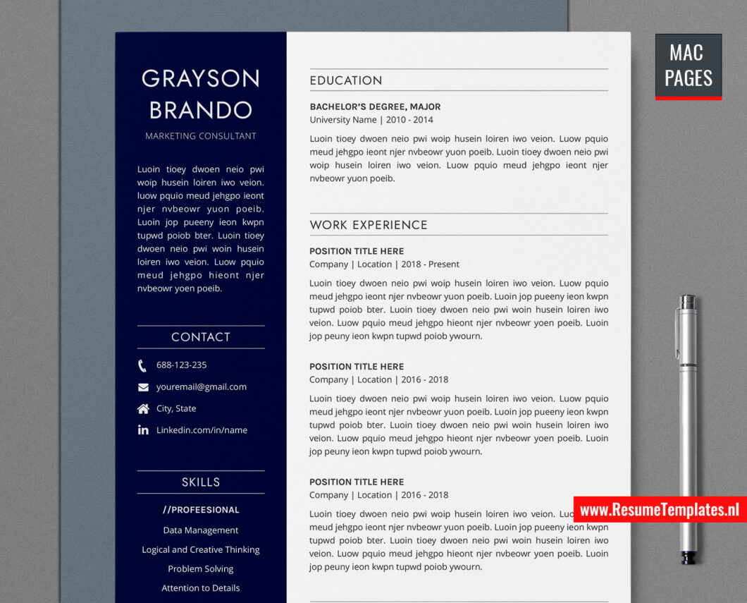 For Mac Pages: Professional Resume Template / CV Template for Mac Pages ...