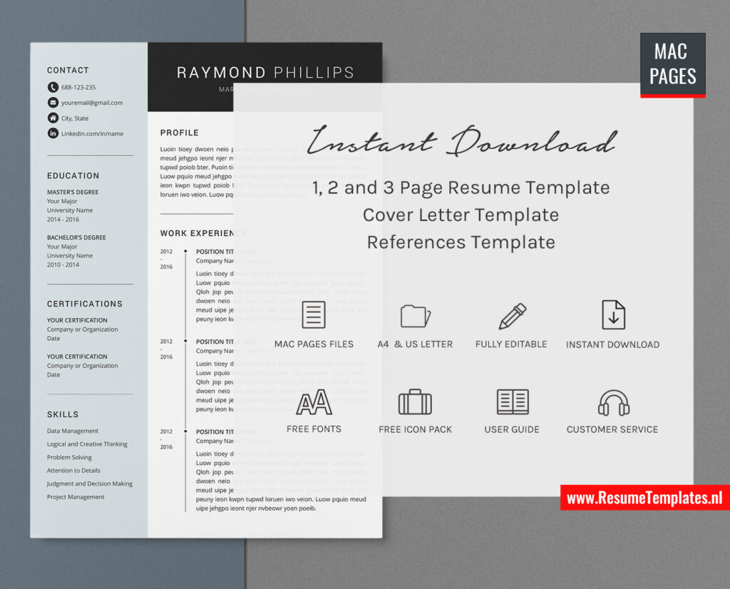 For Mac Pages: Professional Resume Template / CV Template for Mac Pages ...