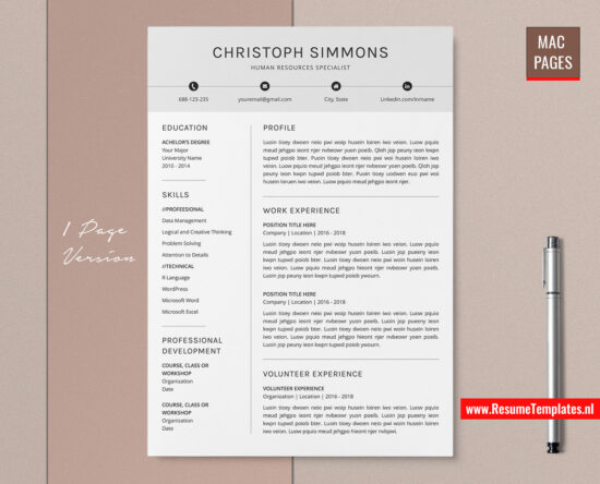 For Mac Pages: Minimalist CV Template for Mac Pages, Cover Letter ...